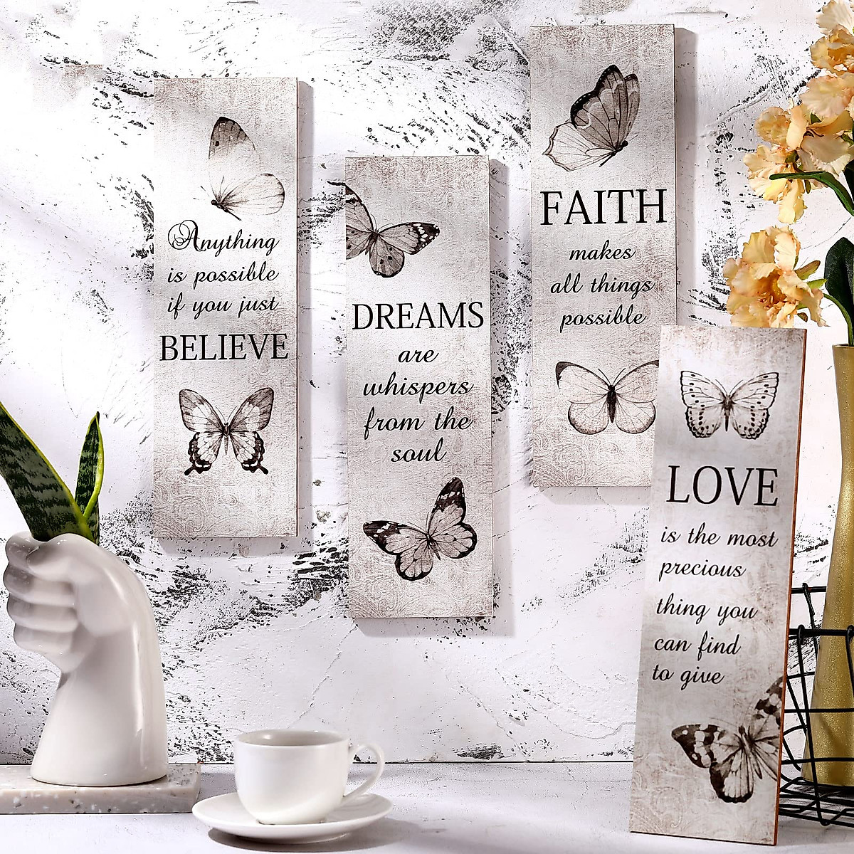 Qunclay 4 Pcs Butterfly Inspirational Quote Wooden Sign Love Faith Believe Dream Wall Decor Wood Flower Room Rustic Encouragement Signs for Home Decor Wall Bathroom(11 x 4 Inch)