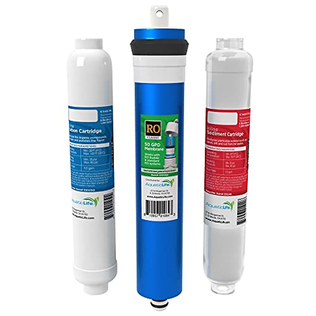 AQUATICLIFE Inline RO Buddie Replacement Cartridges - Includes Carbon Block Filter, Sediment Cartridge and 50 GPD Membrane for RO/RODI Reverse Osmosis Deionization Water Filter System Units