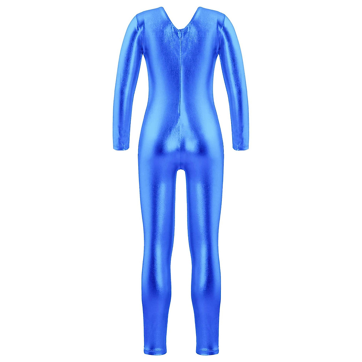 easyforever Kids Girls One Piece Long Sleeves Full Body Footless Gymnastics Ballet Dance Leotard Jumpsuit Royal Blue Shiny Metallic 4 Years