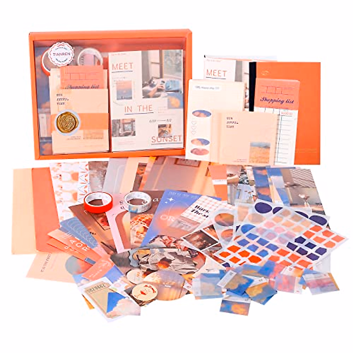 TIANREN Aesthetic Scrapbook kit(348pcs),Junk Journal/Daily Journal Scrapbooking Supplies Stationery,A6 Grid Notebook,DIY journaling Craft Gift for Teen Girls, Boys,Kids,Women..（Sunset