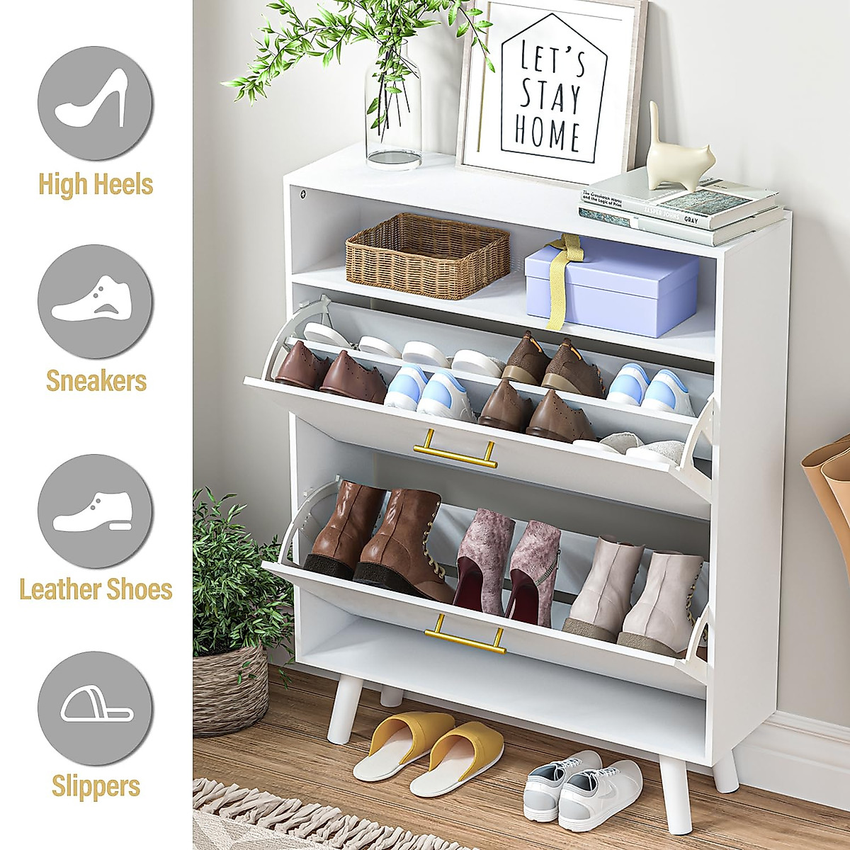 SINROM Shoe Cabinet for Entryway, Slim Shoe Storage Cabinet with 2 Flip Drawers, Freestanding Shoe Organizer with Open Shelf for Hallway, White