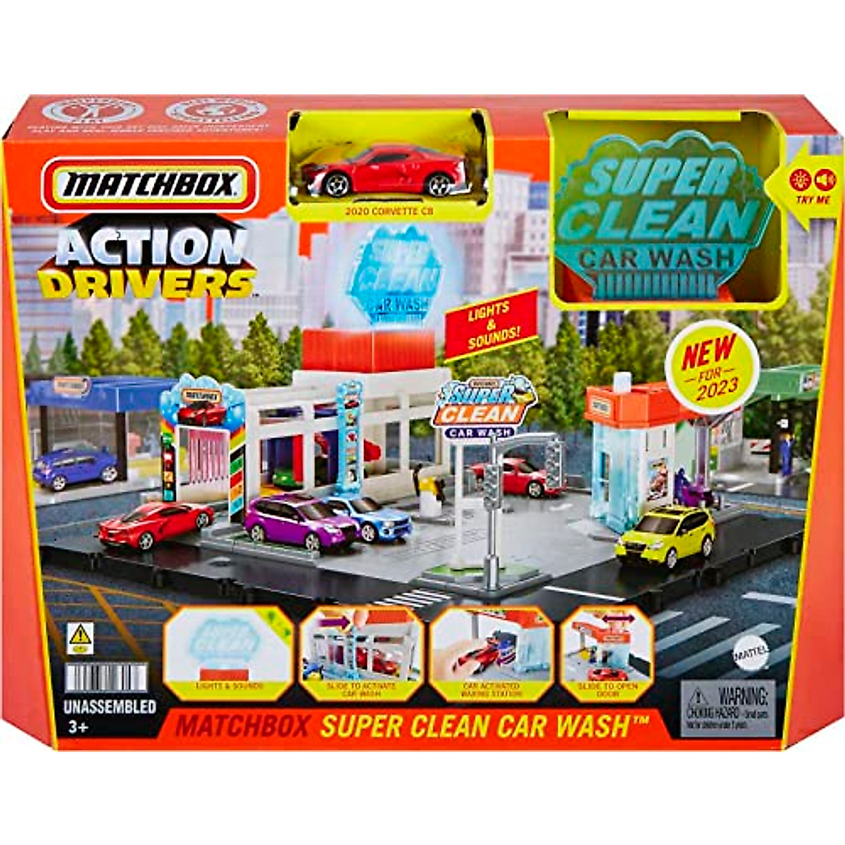 Matchbox Toy Car Playset, Action Drivers Super Clean Car Wash with 1 Chevrolet Corvette in 1:64 Scale, Lights & Sounds, Connects to Other Sets