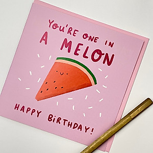 Old English Co. Funny One In A Melon Birthday Card for Her - Cute Birthday Greeting Card Daughter, Sister, Niece, Mum - Colourful Playful Watermelon Card Design for Women | Blank Inside with Envelope