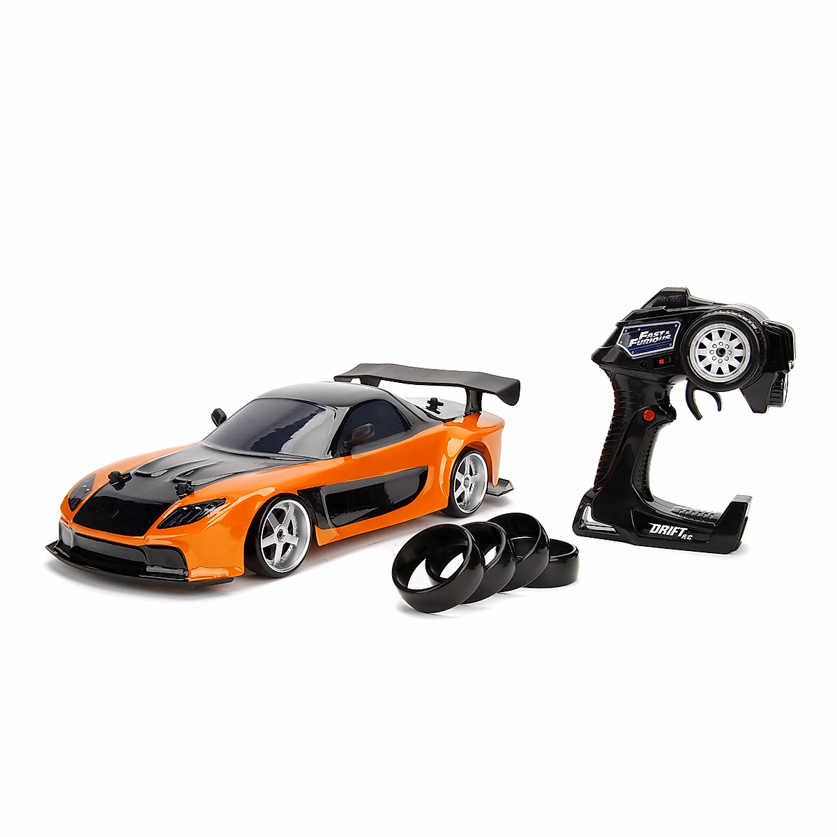 Jada Toys Fast & Furious Han’s Mazda RX-7 Drift RC Car, 1: 10 Scale 2.4Ghz Remote Control Orange & Black, Ready to Run, USB Charging (standard) (99700)
