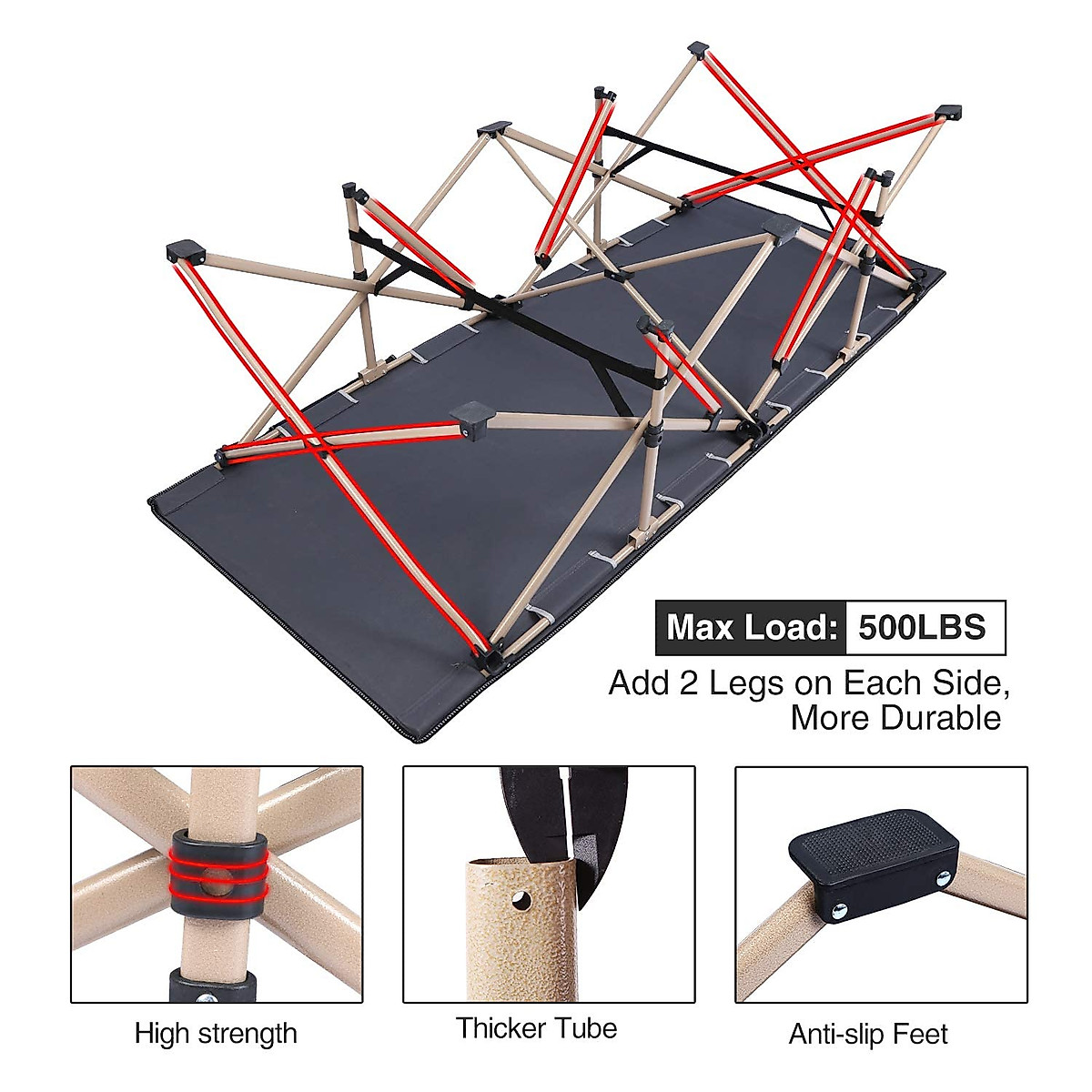 REDCAMP Oversized Folding Camping Cots for Adults 500lbs, Double Layer Oxford Strong Heavy Duty Extra Wide & Large Sleeping Cots，Dark Grey 2-Pack