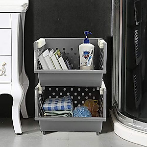 Zerdyne 4-Pack Plastic Stacking Storage Basket, Stackable Organizer Bin, Gray