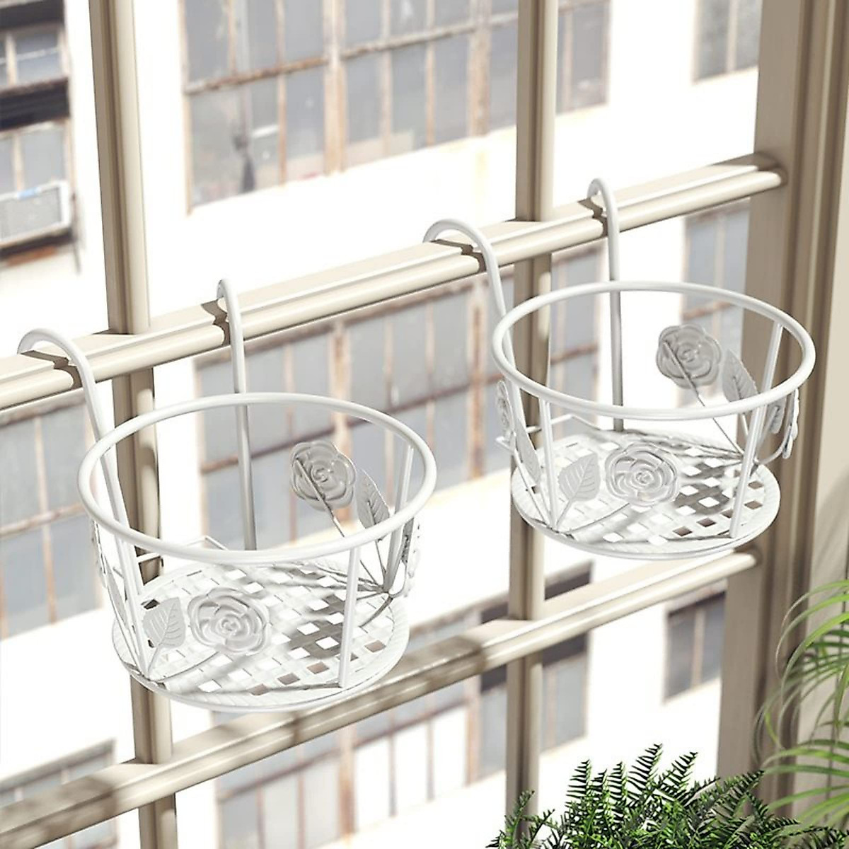 KIPAACCL Balcony Planters Railing Hanging Flower Pot Holders 2 Pack,Plant Iron Racks Fence Metal Potted Stand Mounted Balcony Round Plant Baskets Shelf Container Box for Indoor&Outdoor Use