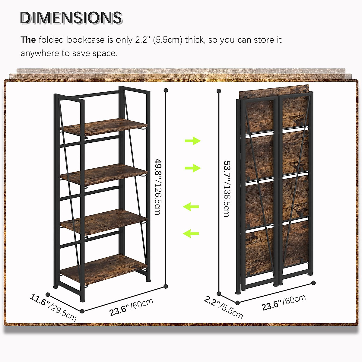 4NM No-Assembly Folding Bookshelf Storage Shelves 4 Tiers Vintage Bookcase Standing Racks Study Organizer Home Office (Rustic Brown and Black)