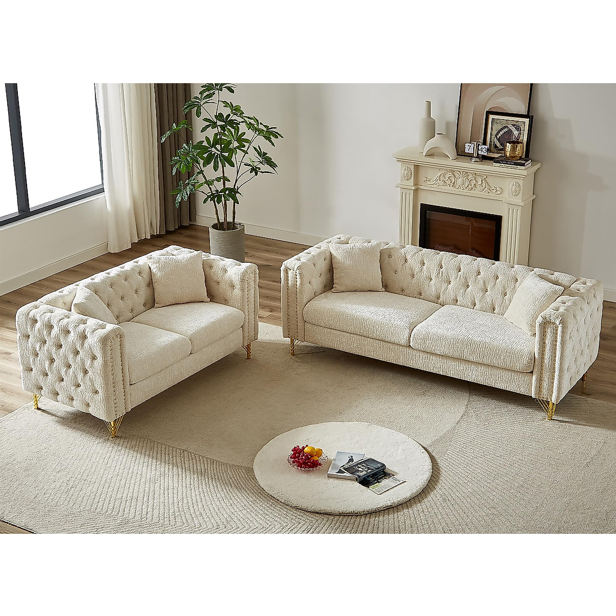 80"W Chenille Sofa Couch,Upholstered 3 Seater Loveseat Sofa,Button Tufted Comfy Couch with Nailhead Trim&Metal Legs,Mid Century Modern Sofa,Deep Seat Sofa for Living Room,Office,Apartment(Beige)