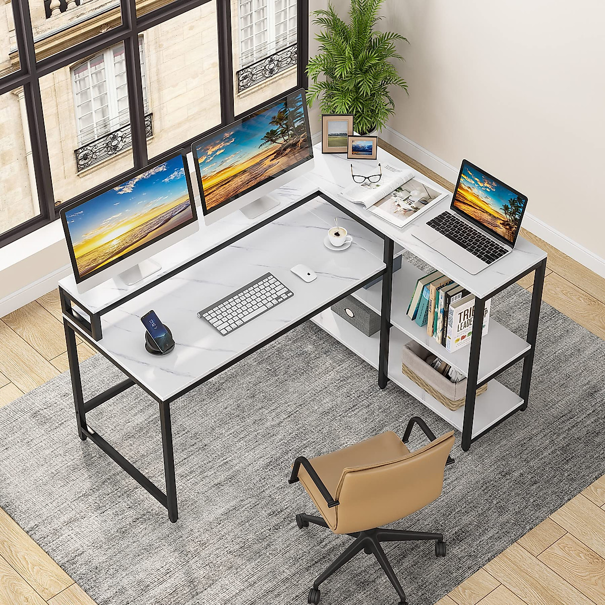 LITTLE TREE Reversible L Shaped Computer Desk with Storage Shelf, Industrial Corner Desk with Monitor Stand for Home Office