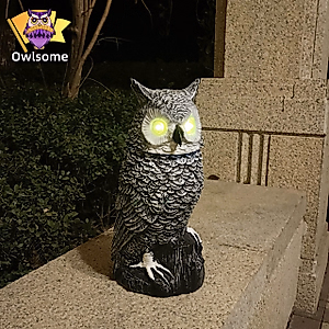 Owlsome Solar Snowy Owl with Flashing Eyes, Rotating Head, Hooting, Motion Detector and Silent Mode, Plastic Owl Garden Sculpture, Garden Decoration