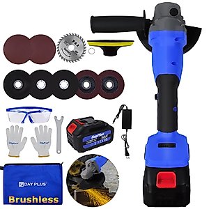 21V Brushless Cordless Angle Grinder Tool 10000 RPM, 4-1/2 Inch Hand Held Electric Grinder with 6.0Ah Battery & Charger, 1 30T Wood Saw Blade, 3 Grinding Cutting Wheels, 1 Flap Discs, 2 Sanding Paper