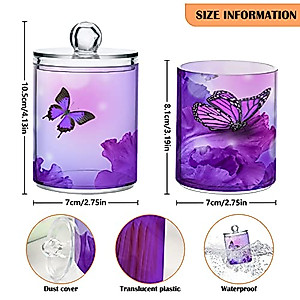 JUMBEAR 2 Pack Purple Butterfly Qtip Holder Dispenser with Lid, 14 oz Clear Plastic Apothecary Jar Set for Bathroom Vanity Organizers Storage Containers