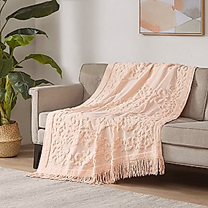 Madison Park 100% Cotton Tufted Chenille Design With Fringe Tassel Luxury Elegant Chic Lightweight, Breathable Cover, Luxe Cottage Room Décor Summer Blanket, 50" x 60", Blush