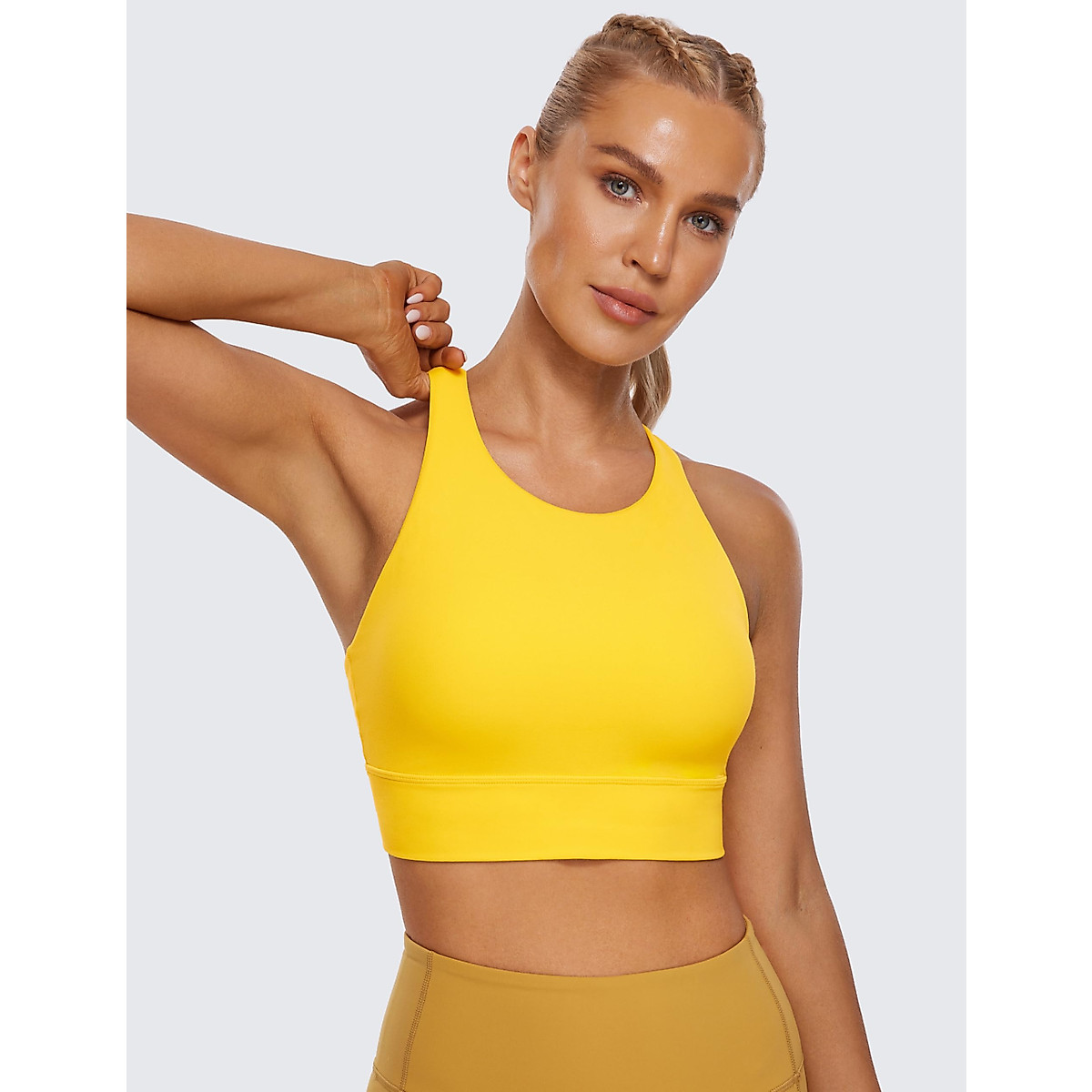 CRZ YOGA Womens Butterluxe Strappy High Neck Longline Sports Bra - Wireless Criss Cross Back Padded Workout Cropped Top High Visibility Yellow Medium