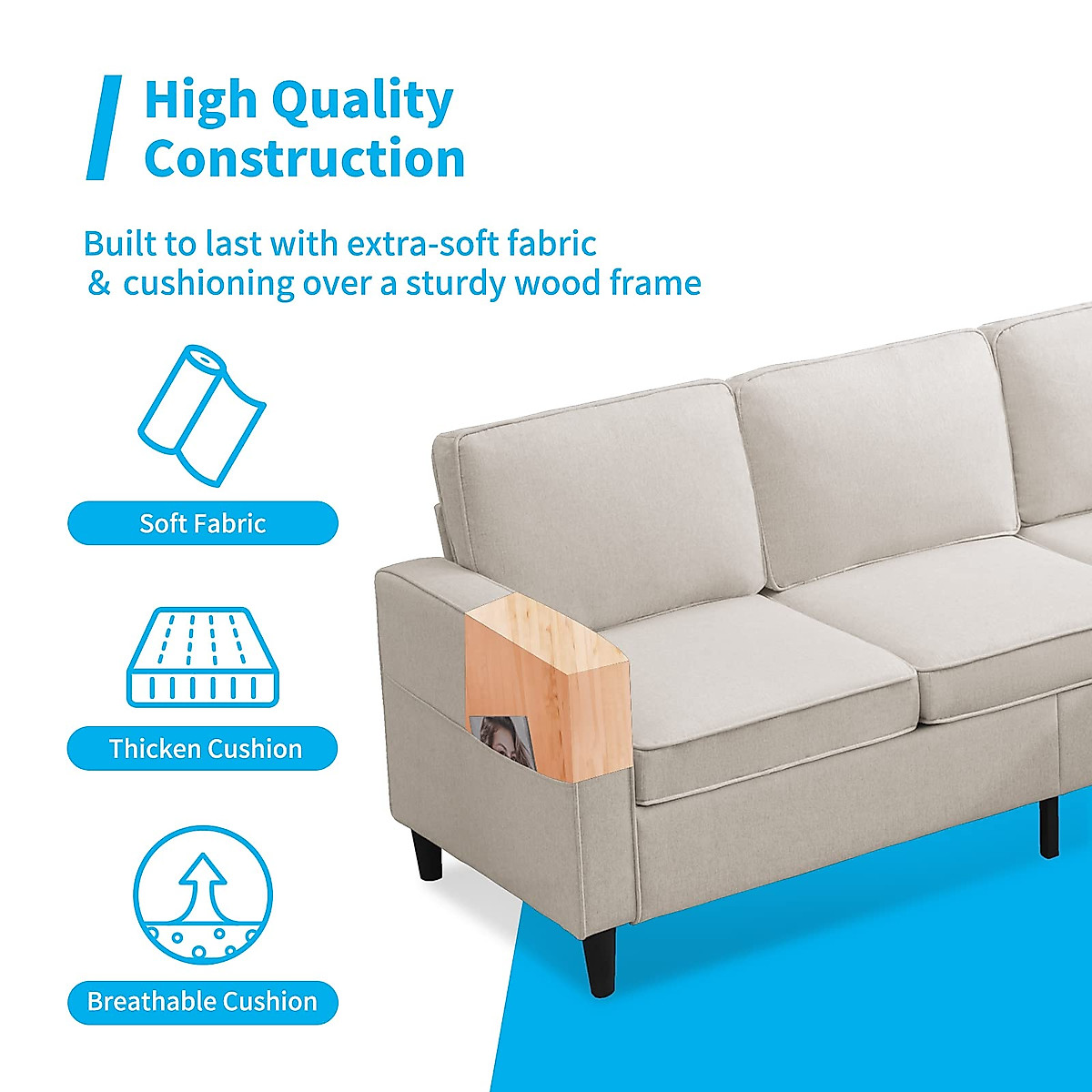 Mjkone Convertible Sectional Sofa Couch, Sofas with Solid Wood Legs and Storage Ottoman, L-Shape Couch with 4 Side Pockets, Couches for Living Room/Apartment/Office (Beige)