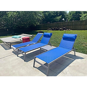 Domi 3 Pieces Adjustable Chaise Lounge Set Outdoor Patio Lounge Chair All Weather Five-Position Recliner Chair Set w/Coffee Table for Patio, Pool, Yard (Blue)