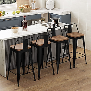 WENTMENT Metal Bar Stools Set of 4 Counter Height Bar Stools Barstools with Removable Back 24" Kitchen Bar Stools with Wooden Seat, Black