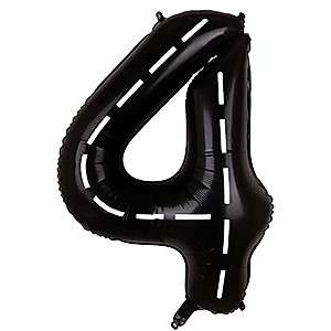 Race Car Birthday Balloon Number 4-40 Inch Big Foil Mylar Racetrack Black 4 Balloon for Boys 4th Birthday Party Decorations Racing Car Theme Party Supplies Anniversary Celebrations Decor