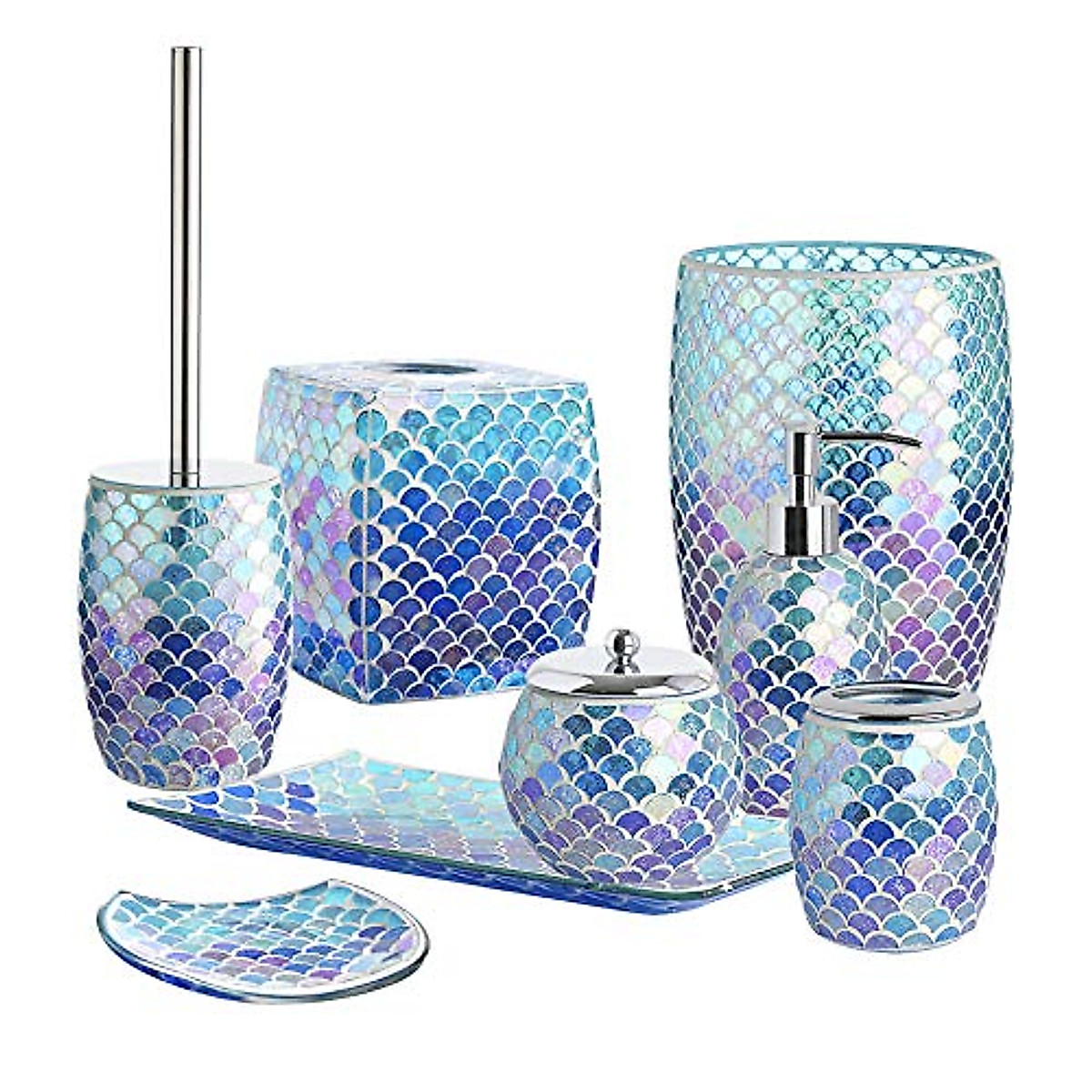 WHOLE HOUSEWARES | Bathroom Wastebasket | Mermaid Glass Mosaic Decoration and Bathroom Accessories Toilet Brush Set - Blue Toilet Bowl Brush and Holder (Fan Shape)