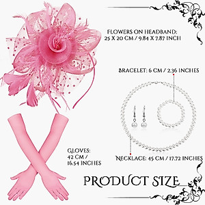 Yaomiao 5 Pcs 1920s Fascinators Feather Headband Pearl Jewelry Gloves for Women Tea Party Halloween Church Derby(Pink)