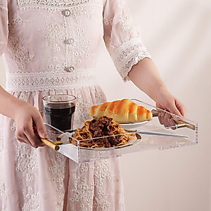 BEYLANG Acrylic Serving Trays Breakfast Decorative Trays for Ottoman Coffee Table (12x12 Inch with Golden Handles, Clear)