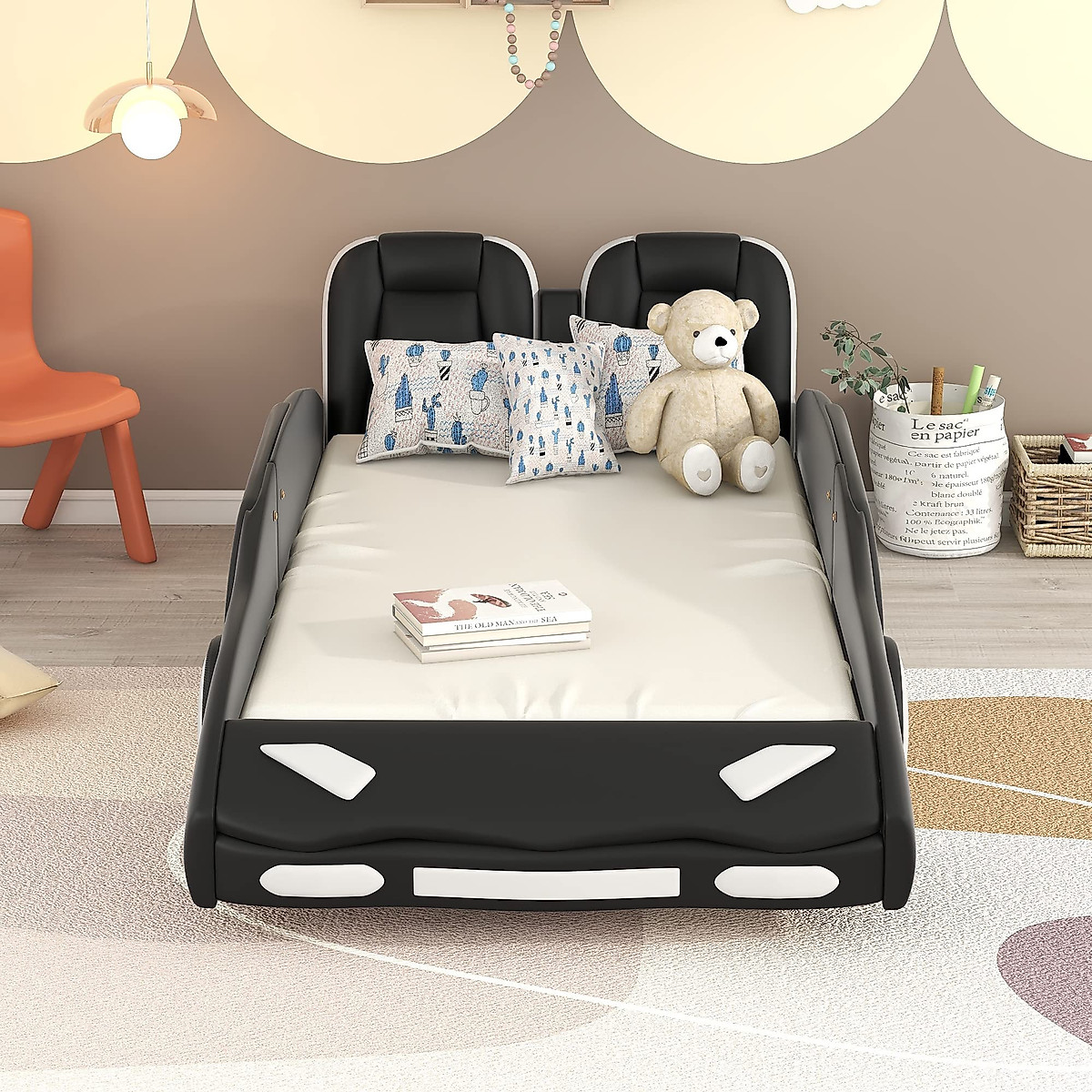 Harper & Bright Designs Twin Size Car-Shaped Platform Bed with Wheels, Faux Leather Upholstered Twin Bed Frame for Kids Boys Girls, No Box Spring Needed (Black)