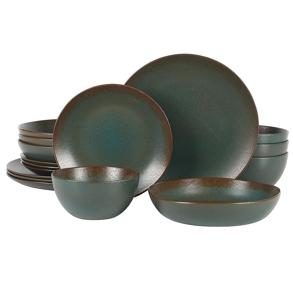 Bloomhouse - Oprah's Favorite Things - Palermo Sun Double Bowl Stoneware Reactive Glaze Plates and Bowls Dinnerware Set - Agave Blue, Service for Four (16pcs)