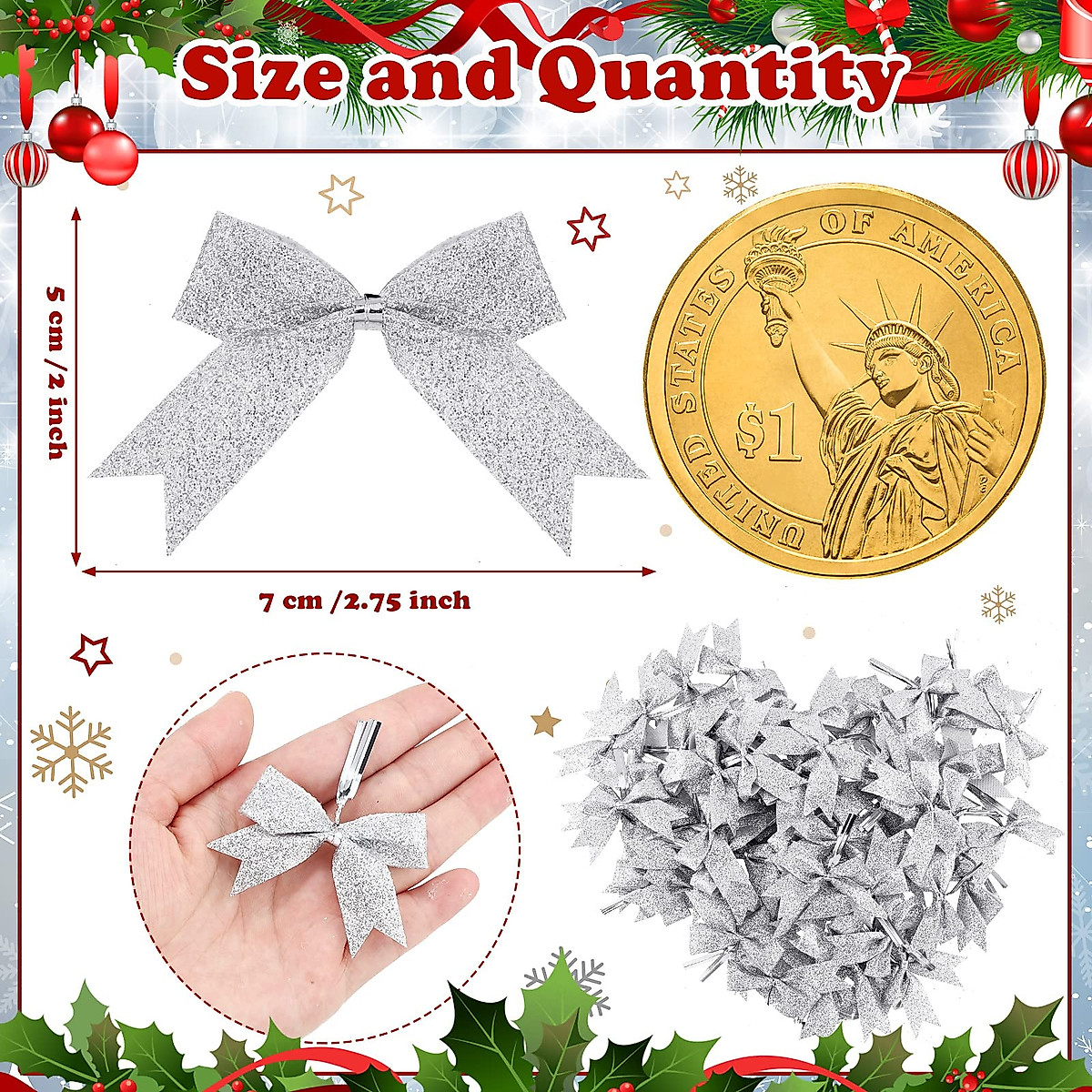 100 Pieces Christmas Mini Bows Glitter Ribbon 2 Inch Twist Tie Bows Pretied Mini Bows Shiny Christmas Bows DIY Polyester Craft Bows for Sewing Appliques Scrapbooking Wedding Gift