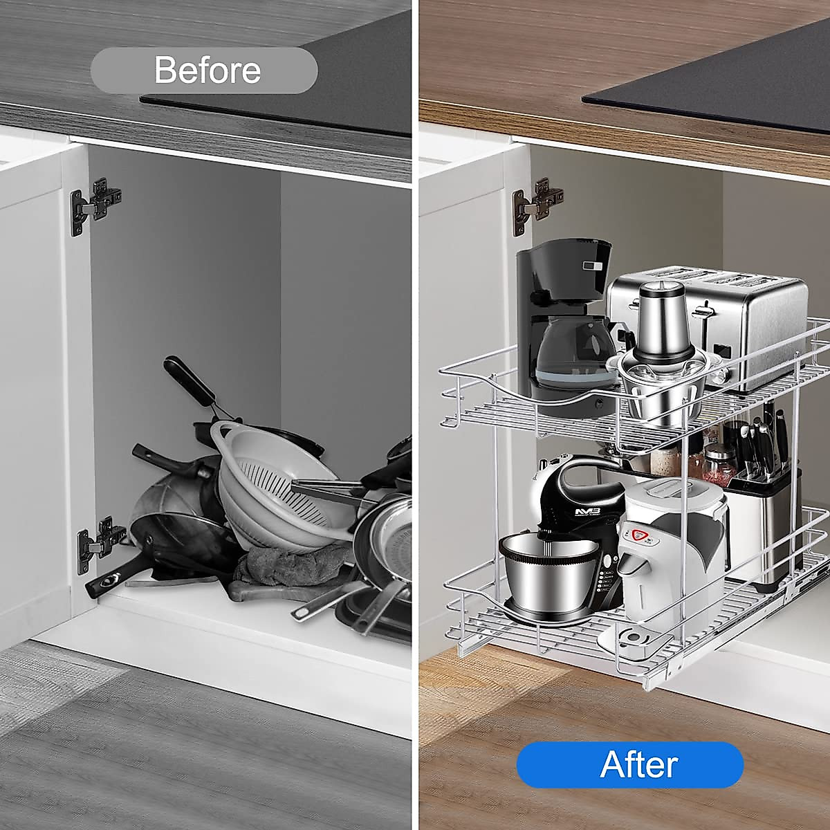 Fulgente Chrome Finish Pull Out Drawer Cabinet Organizer, Professional Wire Frame 2 Tier Heavy Duty Slide Out Kitchen Cabinet Storage Shelves, Sliding Pantry Shelf Bathroom 11"W x 21"D x 15.12''H