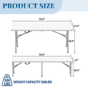 HLPB Folding Table Picnic Table Set, 6 ft Camping Table with 2 Benches, Outdoor Indoor Portable Folding Table for Working Meeting Parties, Camping, Picnic, Weddings w/Handle and Safety Locks, White