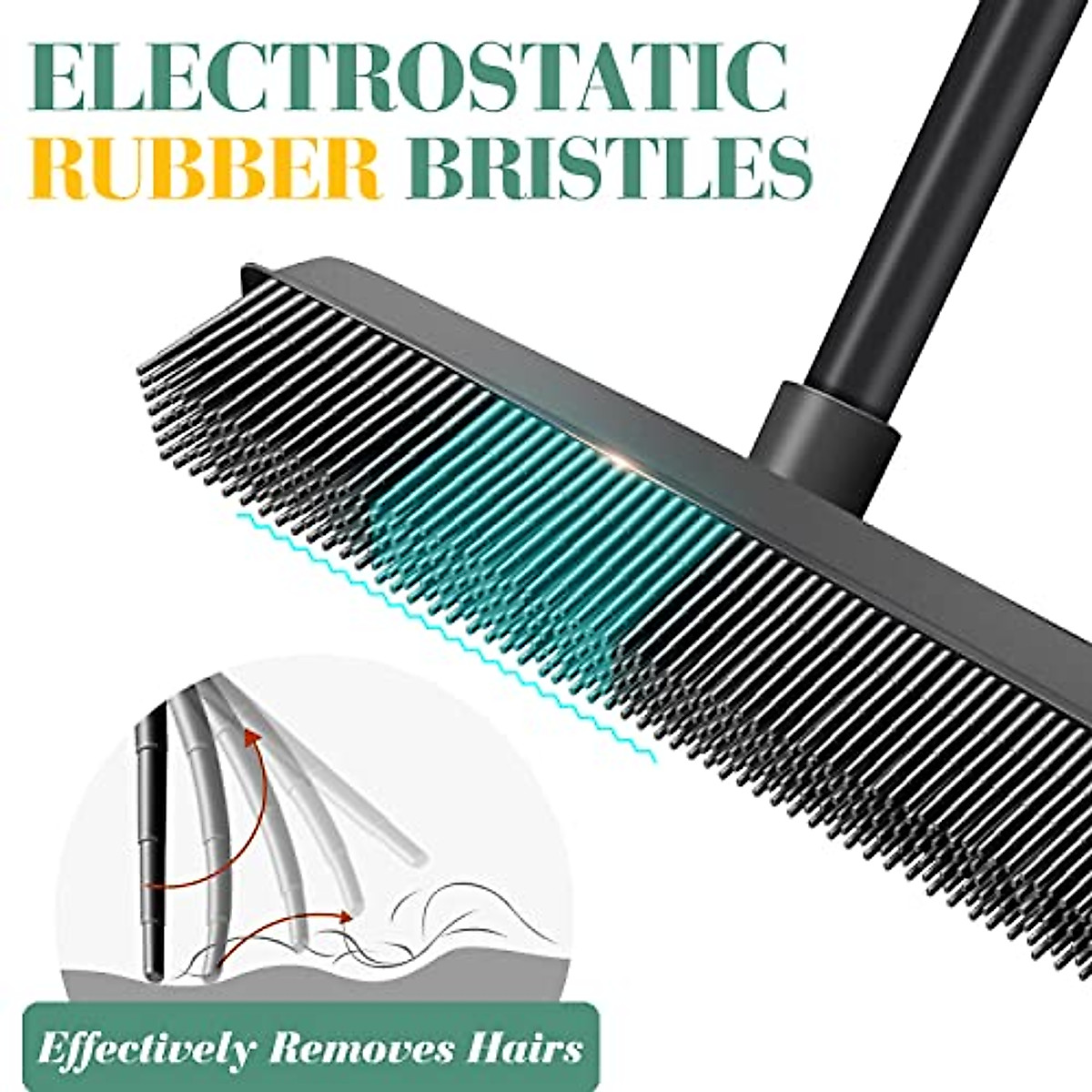 Bonpally Pet Hair Removal Broom Rubber Broom, Carpet Rake Fur Remover Broom with Squeegee and Telescoping Handle, Portable Lint Remover, Dog and Cat Hair Remover for Carpets, Couch, Yellow/Black