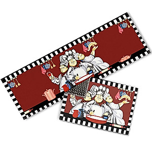 PRUKIVRA Kitchen Rugs and Mats,Non Skid Washable,Chef in Red Background,Set of 2,Anti-Fatigue Comfort Standing Mat for Floor, Office, Sink, Laundry(17"x52"+17"x26")