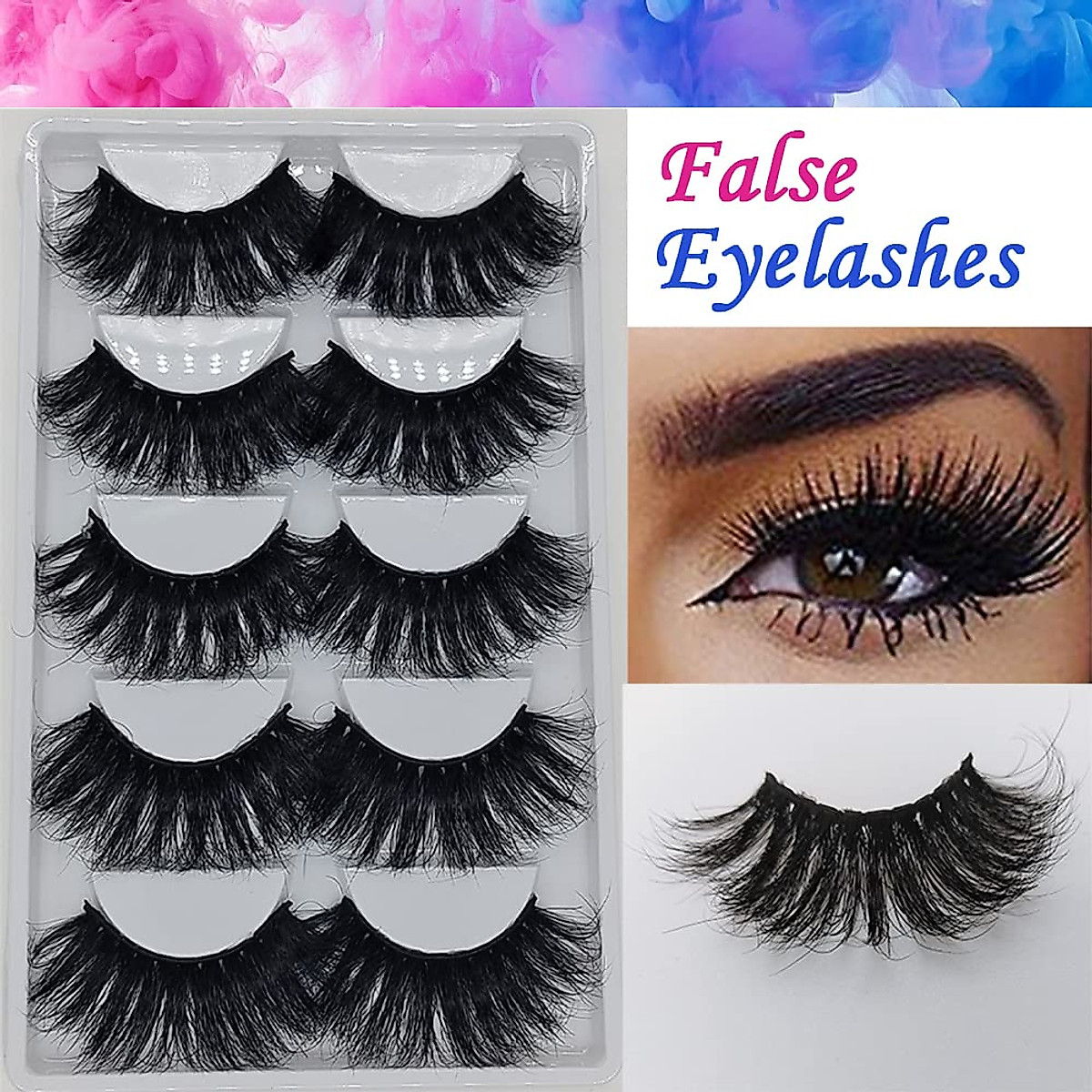 5 Pairs 3D Mink Lashes Natural Fluffy False Eyelashes 25mm Long Strip Lashes Handmade Cruelty-Free Fake Eyelashes for Makeup (K02)