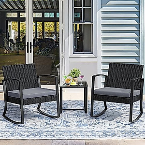 Homall 3 Pieces Patio Set Rocking Bistro Set, Patio Outdoor Furniture Porch Chairs with Cushions and Table for Poolside, Balcony, Porch and Yard (Grey)