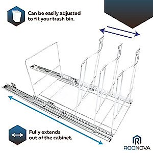 ROONOVA: Pull Out Bin Rack | Durable Chrome Finish & Adjustable Frame | Heavy Duty Steel | Slides Under Kitchen Cabinet | Trash Can Clips | Compatible with Various Size Bin | Trash Can Not Included