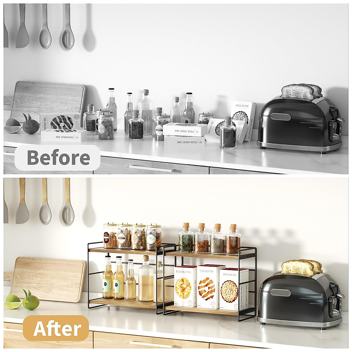 SRIWATANA Kitchen Countertop Organizer Set of 2, Bathroom Counter Shelf Spice Rack Sink Countertop Storage Desktop Large Wood Shelf - Carbonized Black