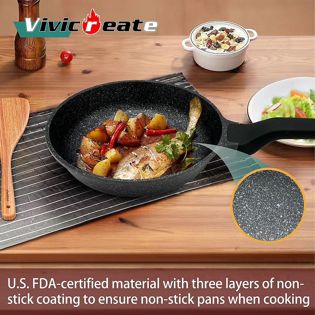 vivicreate 9.5 inch non stick marble color coating fry pan with long rubber coating handle and stainless steel bottom, suitable for induction electrical gas stove