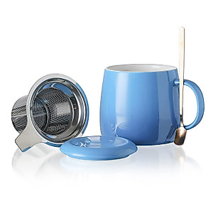 Henten Home Ceramics Tea Cup with Loose Leaf Infuser, Spoon and Lid, 15oz, Large Tea infuser Mug for Tea, Coffee, Milk-Microwave and Dishwasher Safe(15oz,Navy Blue)