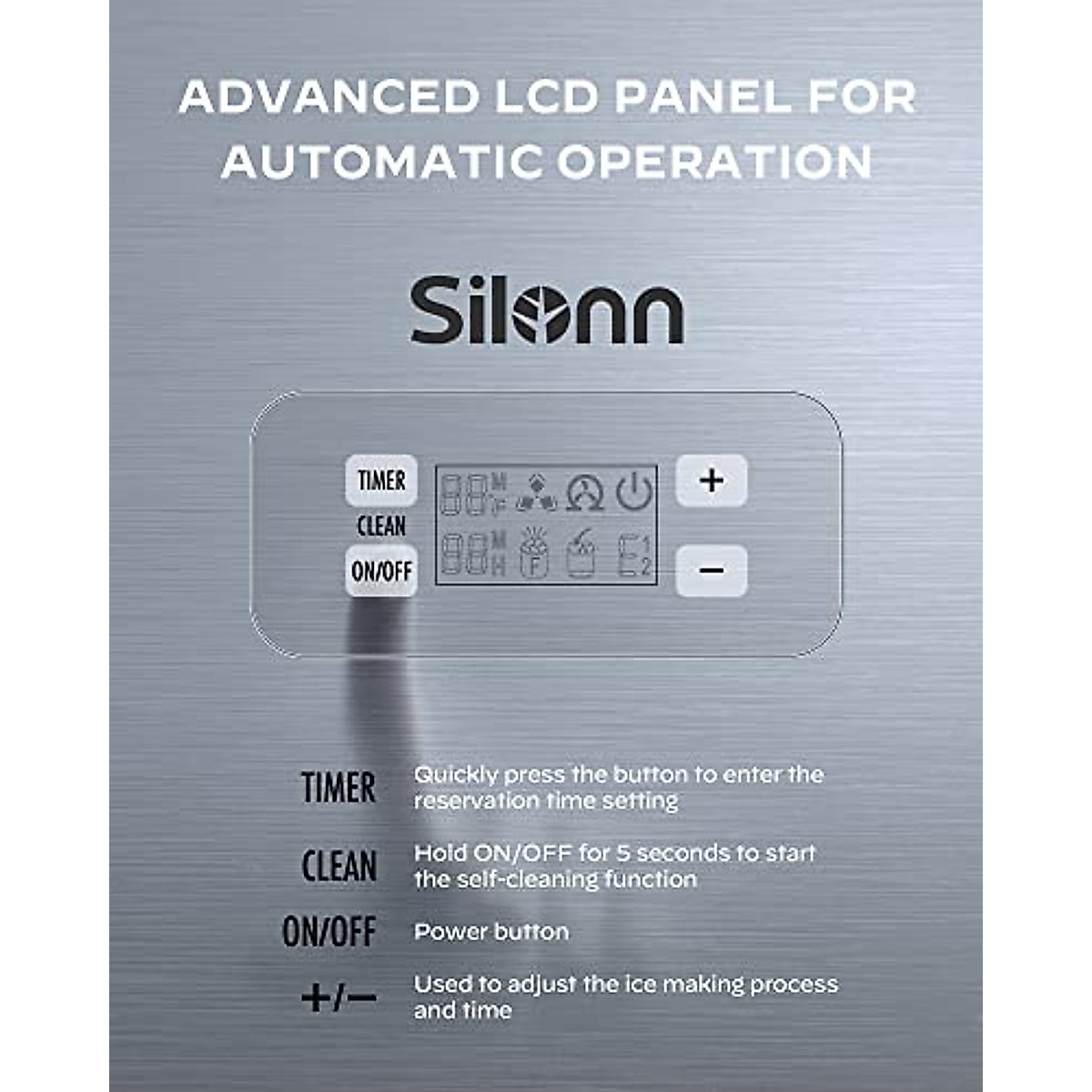 Silonn Commercial Ice Maker Machine, Creates 100lbs in 24H, 33lbs Ice Storage Capacity, Stainless Steel Freestanding Ice Maker with Auto Self-Cleaning for Home Office Bar Parties (SLIM11)