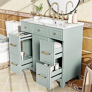 Harper & Bright Designs 36" Bathroom Vanity with Sink, Free Standing Single Basin Vanity Set with Cabinet and 3 Drawers, Modern Wooden Bathroom Cabinet with Ceramic Basin for Bathroom, Green