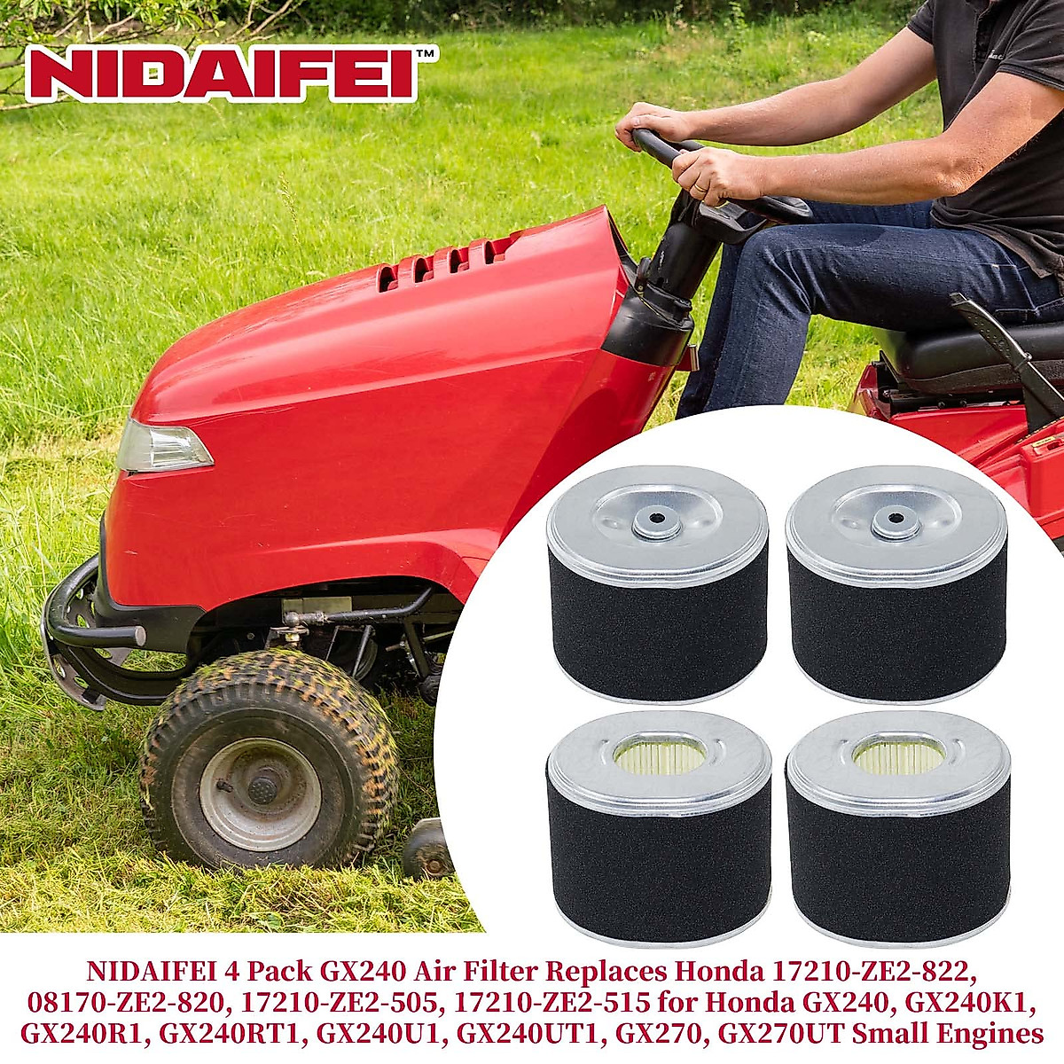NIDAIFEI 4 Pack GX270 GX240 Air Cleaner Element Replaces Honda 17210-ZE2-822, 17210-ZE2-505, 17210-ZE2-515 for Honda GX240, GX240K1, GX240R1, GX240RT1, GX240U1, GX240UT1, GX270 Engines
