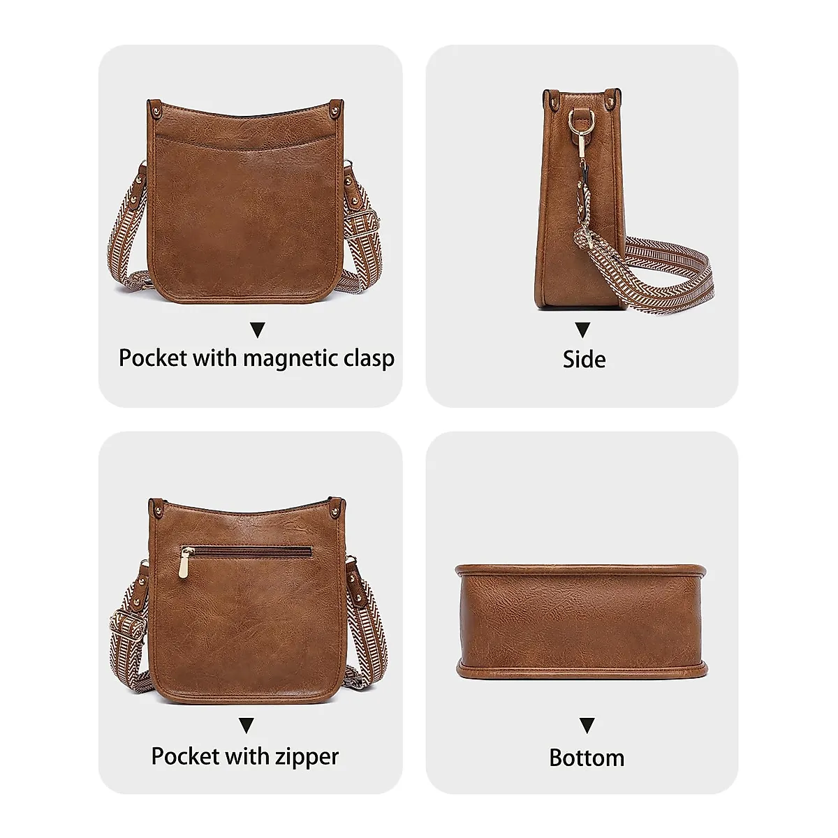 Purses for Women 3PCS, Crossbody Bags Set Large PU Leather Purse Shoulder Handbags with Wallet Adjustable Straps for Ladies Tote, Brown