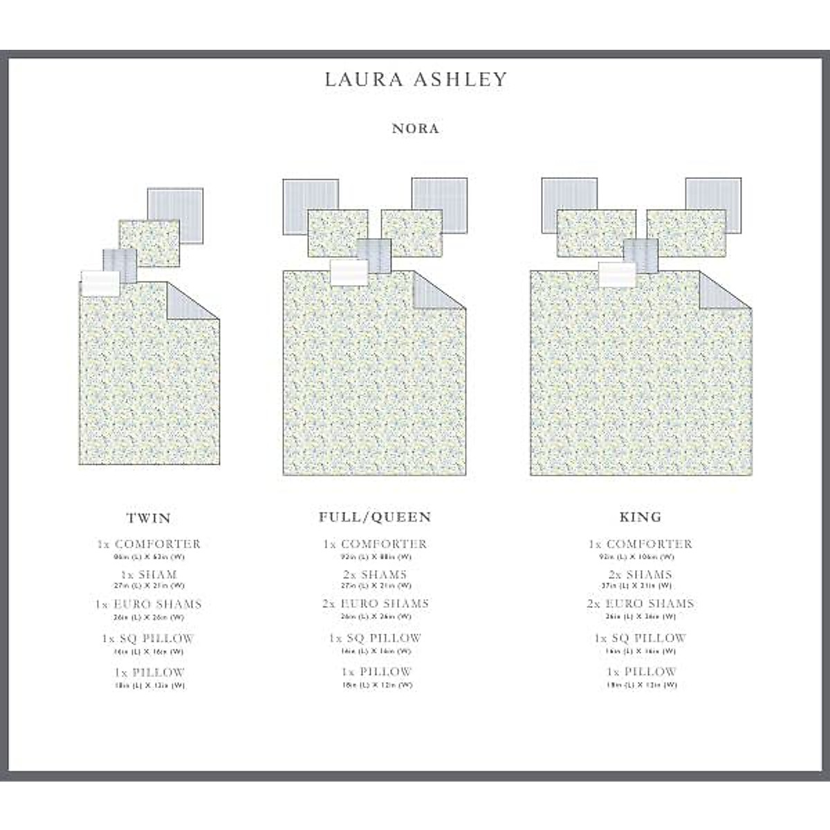 Laura Ashley Comforter Set Reversible Cotton Bedding, Includes Matching Shams with Bonus Euro Shams & Throw Pillows, King, Nora Blue/Yellow/Green/White