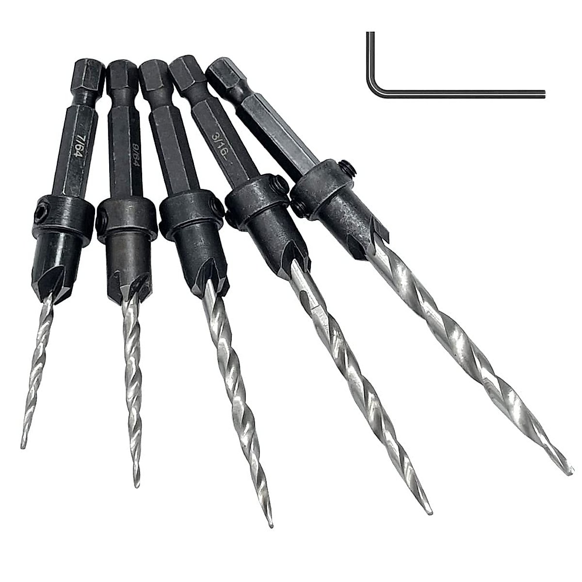 Saipe 5pcs Wood Tapered Countersink Drill Bit Set Hex Shank Screw Drill Counter Sink Bit 7/64", 9/64",11/64", 3/16", 7/32" Adjustable Drilling Tool Kit on Pilot Counter Sinker Hole for Woodworking