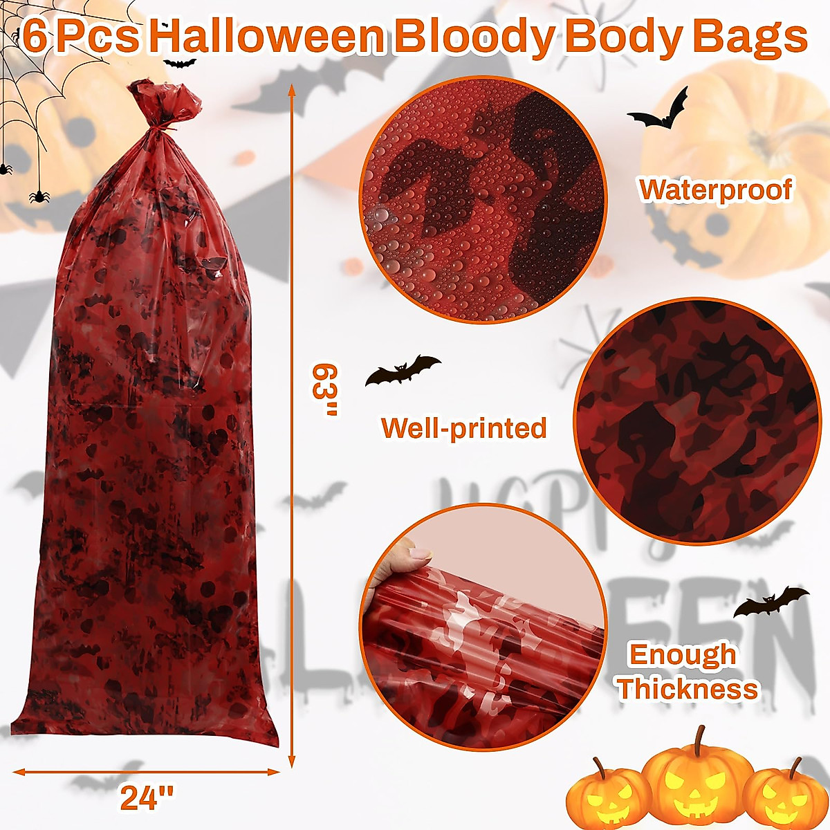 Poen 6 Pcs Halloween Bloody Body Bag 23.6 x 63 Inch Bloody Bag for Body Creepy 4 Pcs Halloween Garland Banner Fake Hands Knives Banners 4 Sheets Bloody Stickers for Haunted House Yard Decor