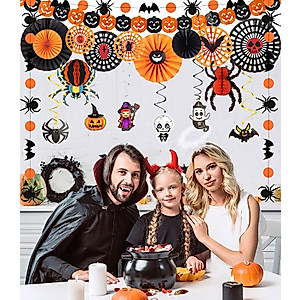 Halloween Hanging Paper Fans Decorations, Orange and Black Halloween Decor.Paper Spider Honeycomb, Hanging Swirls Decorations, Bat Pumpkin Spider Paper Garland for Wall Window Halloween Decorations.