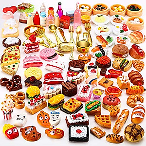 100 Pieces Miniature Food Drinks Toys Mixed Pretend Foods for Dollhouse Kitchen Play Resin Mini Food for Adults Teenagers Doll House (Hamburger, Pizza, Cake, Bread)