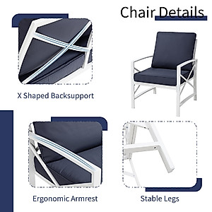 SUNLEI Patio Furniture 3-Piece Conversation Set, Small Outdoor Furniture with Deep Cushion Loveseat Sofa and Matching Side Coffee Table, Outside Metal Sofa Set for Balcony, Yard, White & Blue