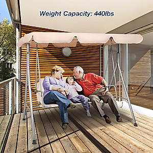 Vilobos Outdoor Patio Swing Chair, Porch Swing Bench with Adjustable Canopy&Duracble Metal Stand, Patio Swing Set for Backyard, Porch and Garden, Beige